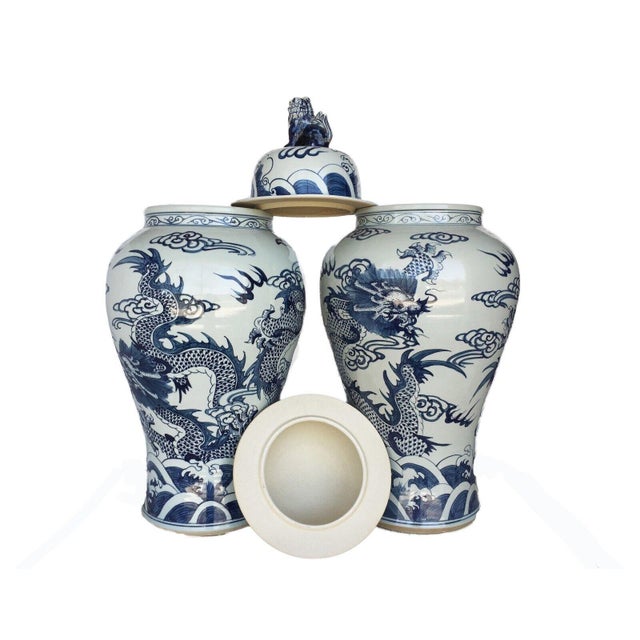 Lg Chinoiserie B & W Porcelain Ginger Jars Dragons Pair 35.5" H | Chairish