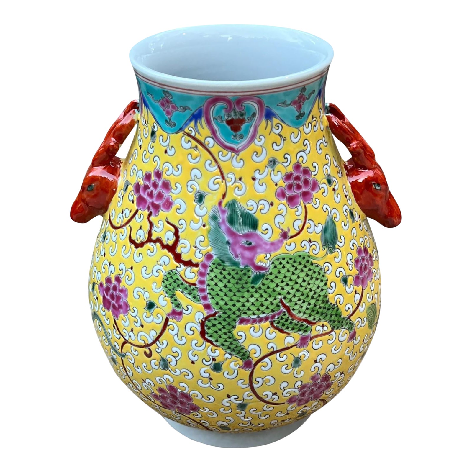 Hand-Painted Yellow Porcelain Qilin Vase With Figural Deer Handles ...