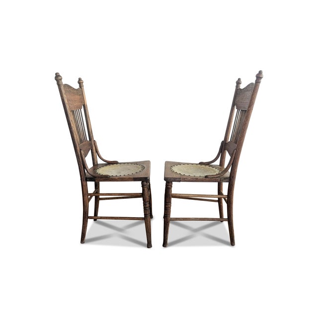 Antique Pressed Back Tooled Leather Chairs - A Pair | Chairish