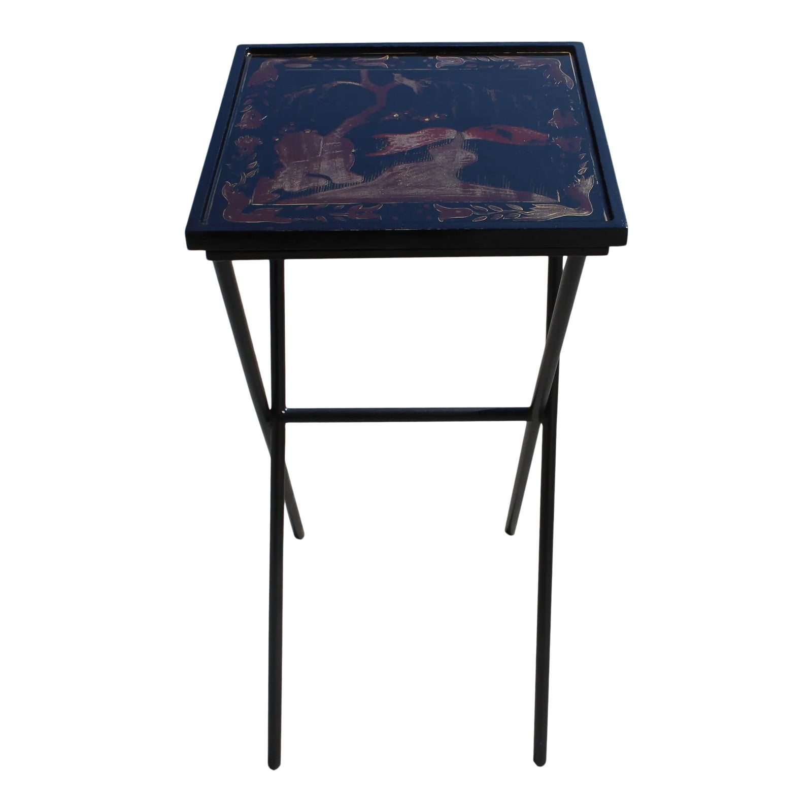 Matte Gold Black Graphic Square Tray Table Cross Metal Leg Base | Chairish