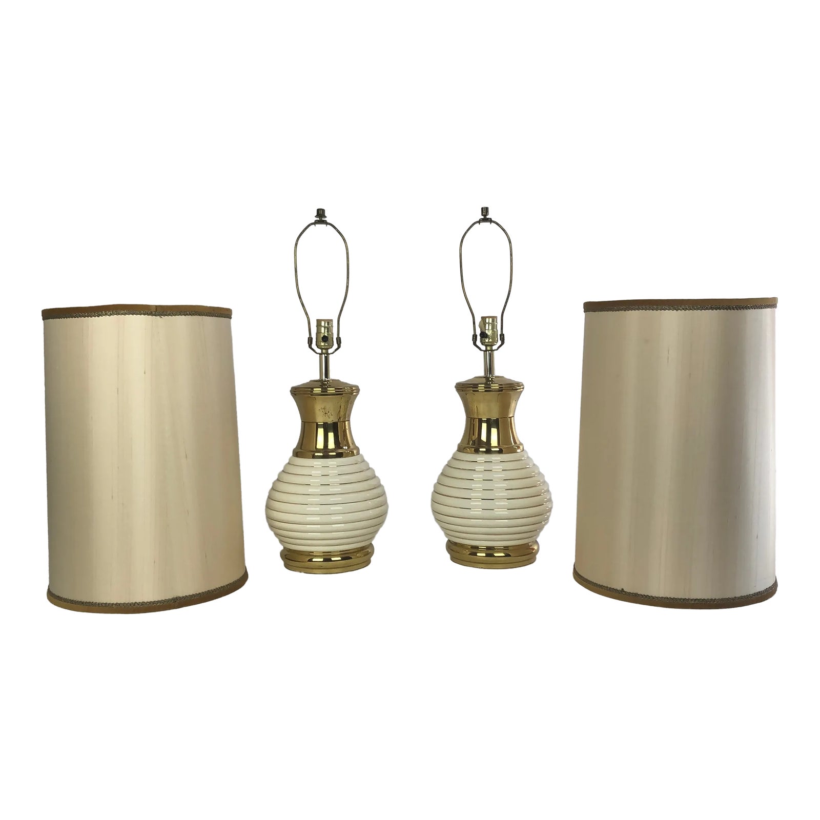 Mid-Century Table Lamps-Beehive- With Original Velvet Trimmed Shades ...