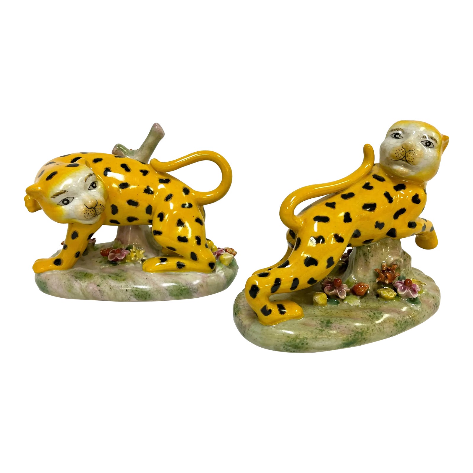 Vintage Art Nouveau Staffordshire Style Porcelain Leopard Figures- a ...