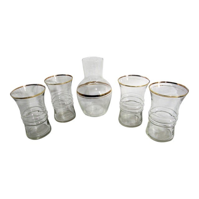 Mid-Century Libby Glass Cocktail Set with Gold Band- 5 Pieces | Chairish