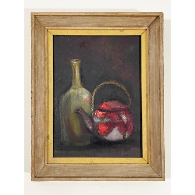 1970s Still Life Bottle and Kettle Oil Painting, Framed | Chairish
