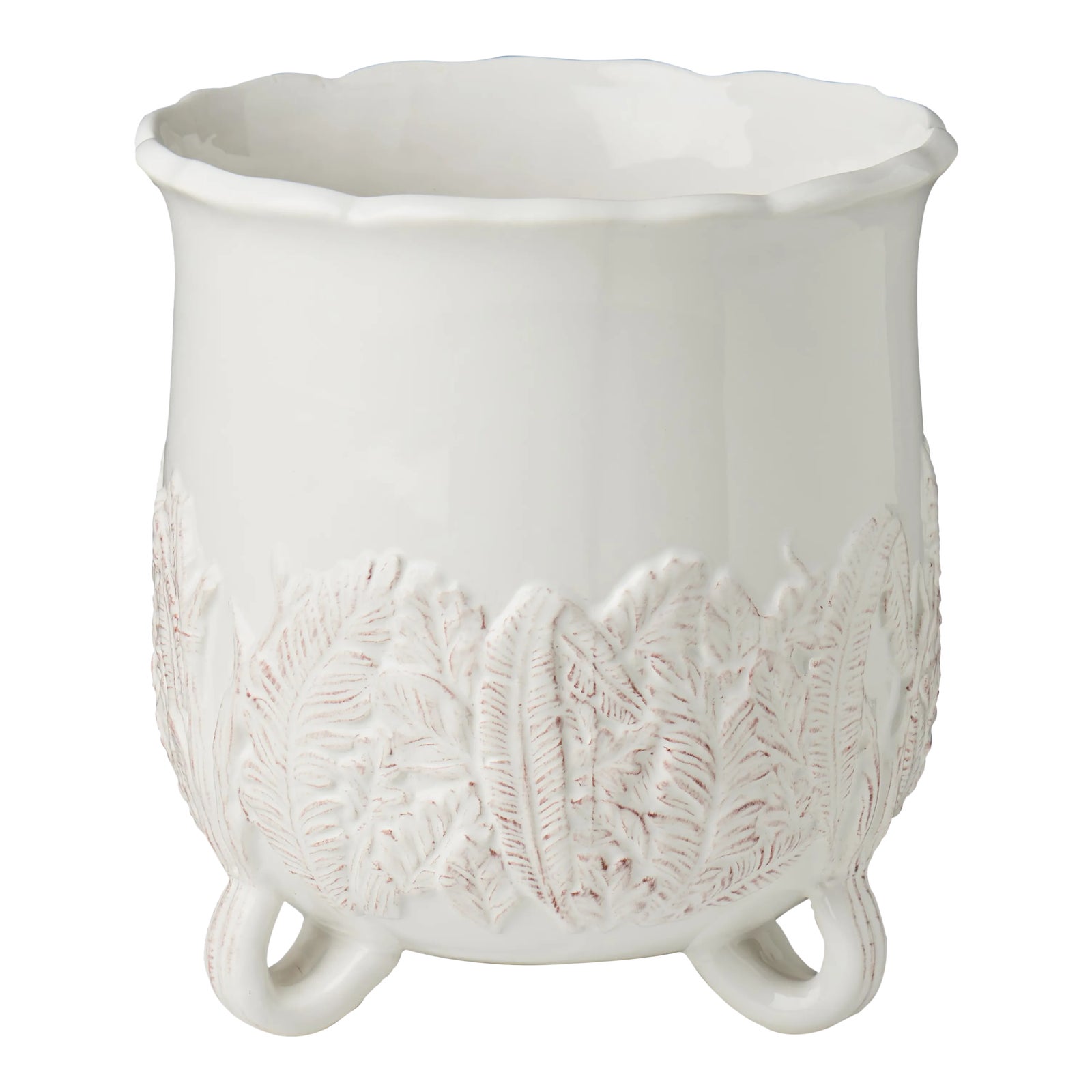 White Footed Cachepot with Leaves | Chairish