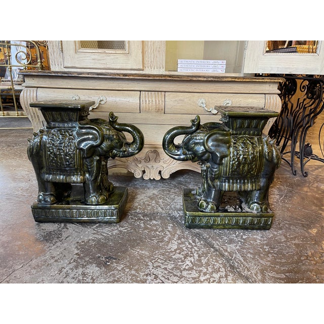 Vintage Olive Green Glazed Terracotta Elephant Garden Stools - a Pair ...