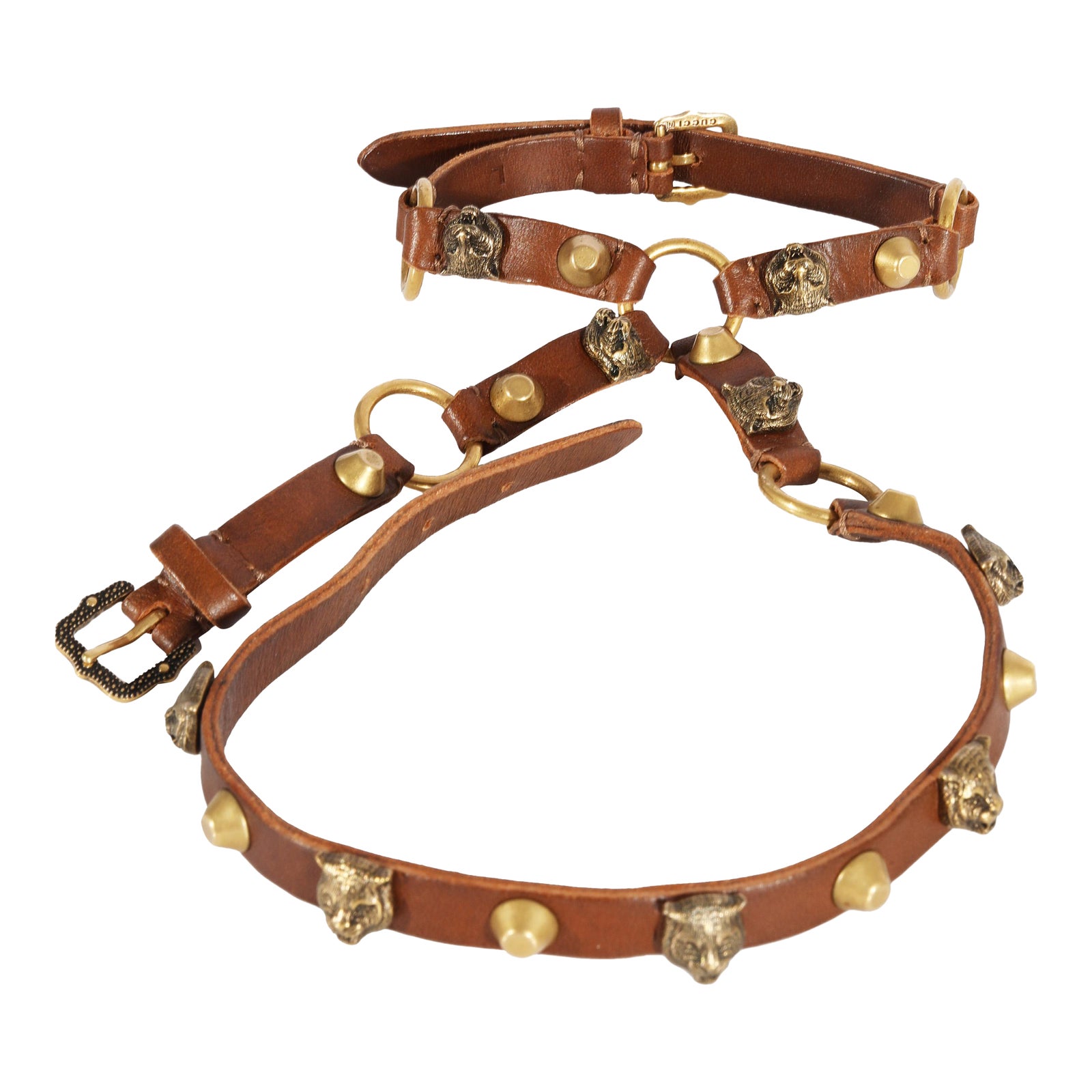 Gucci Gold Tone Tang Buckle Feline Head Palm Wrap Bracelet In Brown ...
