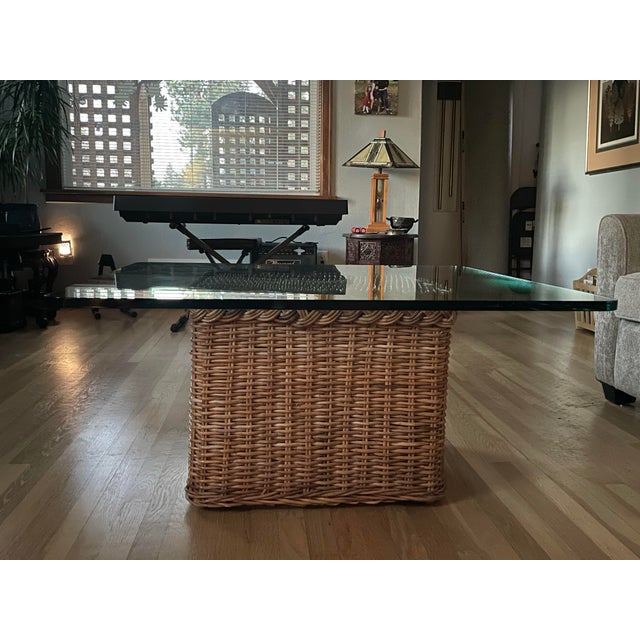 Organic Modern Large Glass Coffee Table With Rattan Base | Chairish