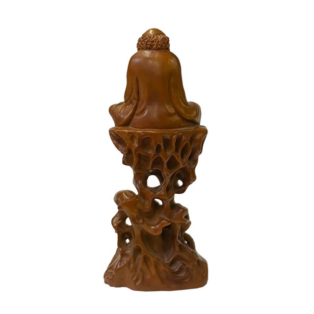 Chinese Brown Zen Master Damo Deity Meditation Wood Statue | Chairish