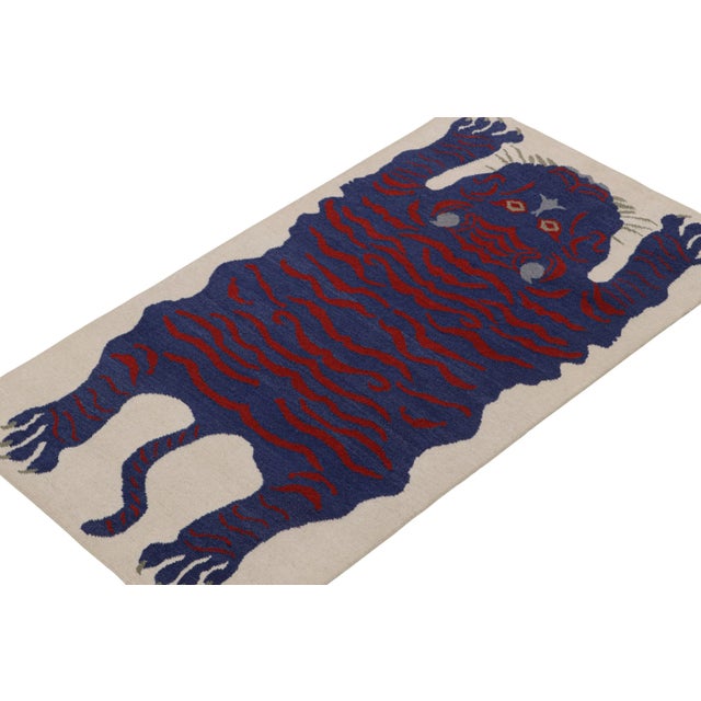 Rug & Kilim’s Tiger-Skin Rug in White With Blue & Red Pictorial | Chairish