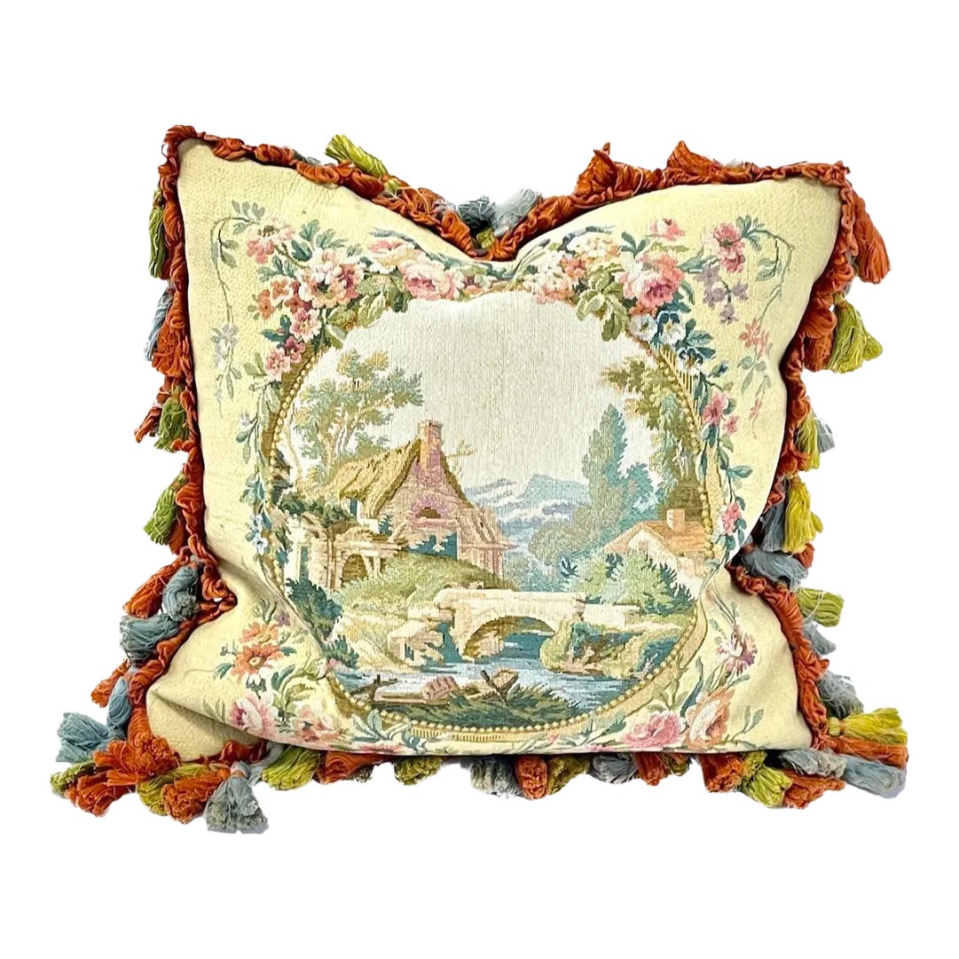 Vintage Cottage Scene Petit Point Pillow | Chairish