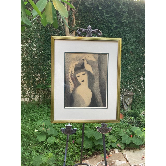 Mid 20th Century Graphite “Girl With Bird" Original Drawing by Judith ...