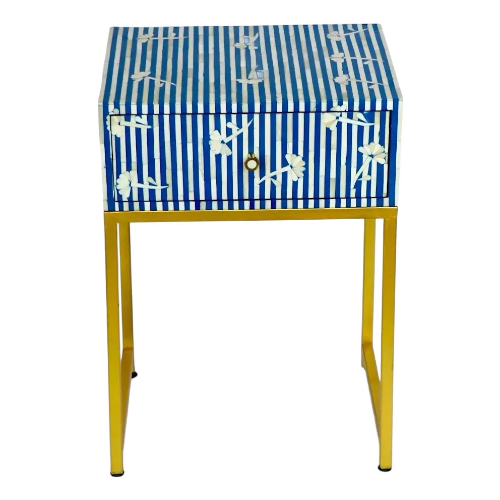 Bone Inlay Blue Bedside Table | Chairish