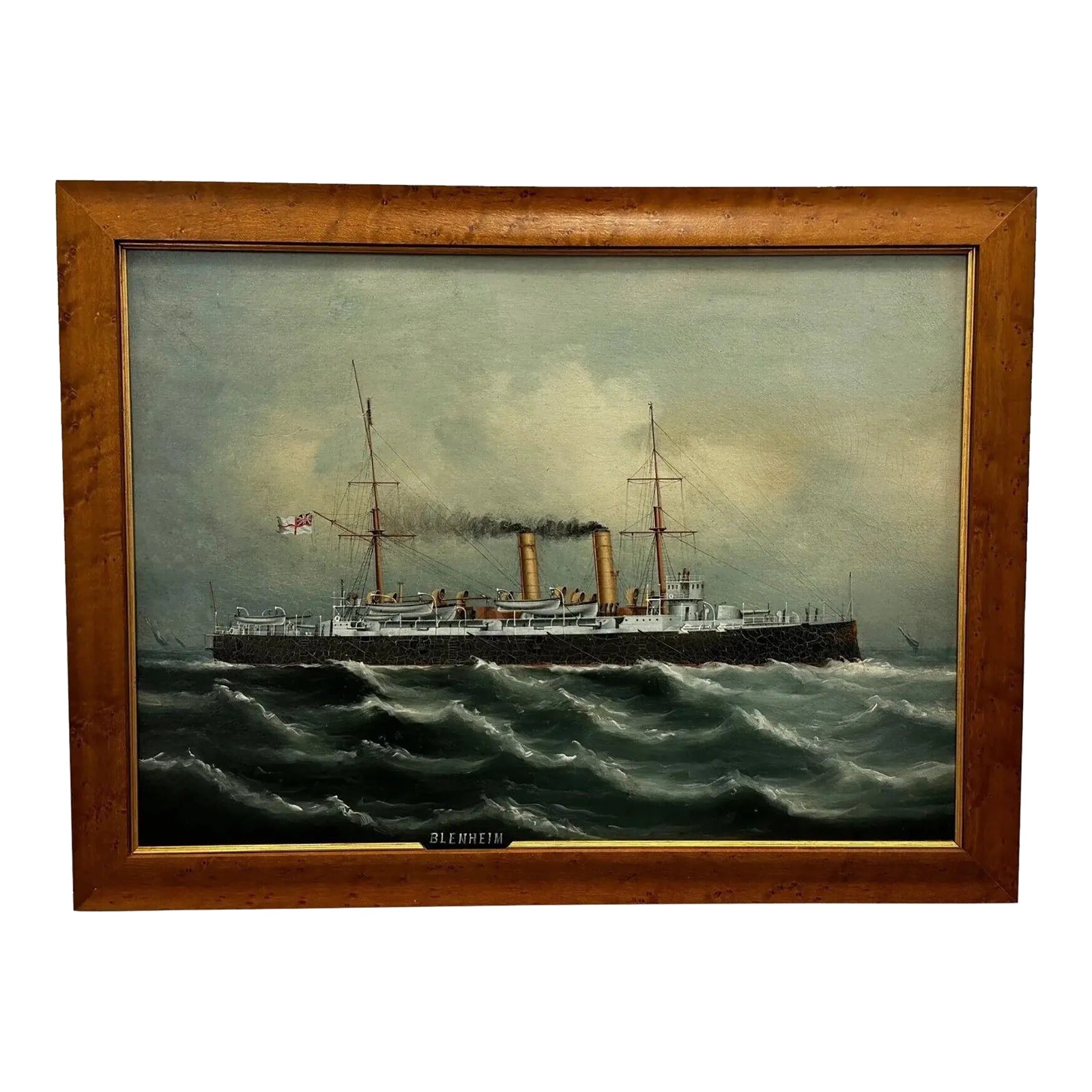 Antique British Framed Oil Painting Ship Blake Class Cruiser Royal Navy ...
