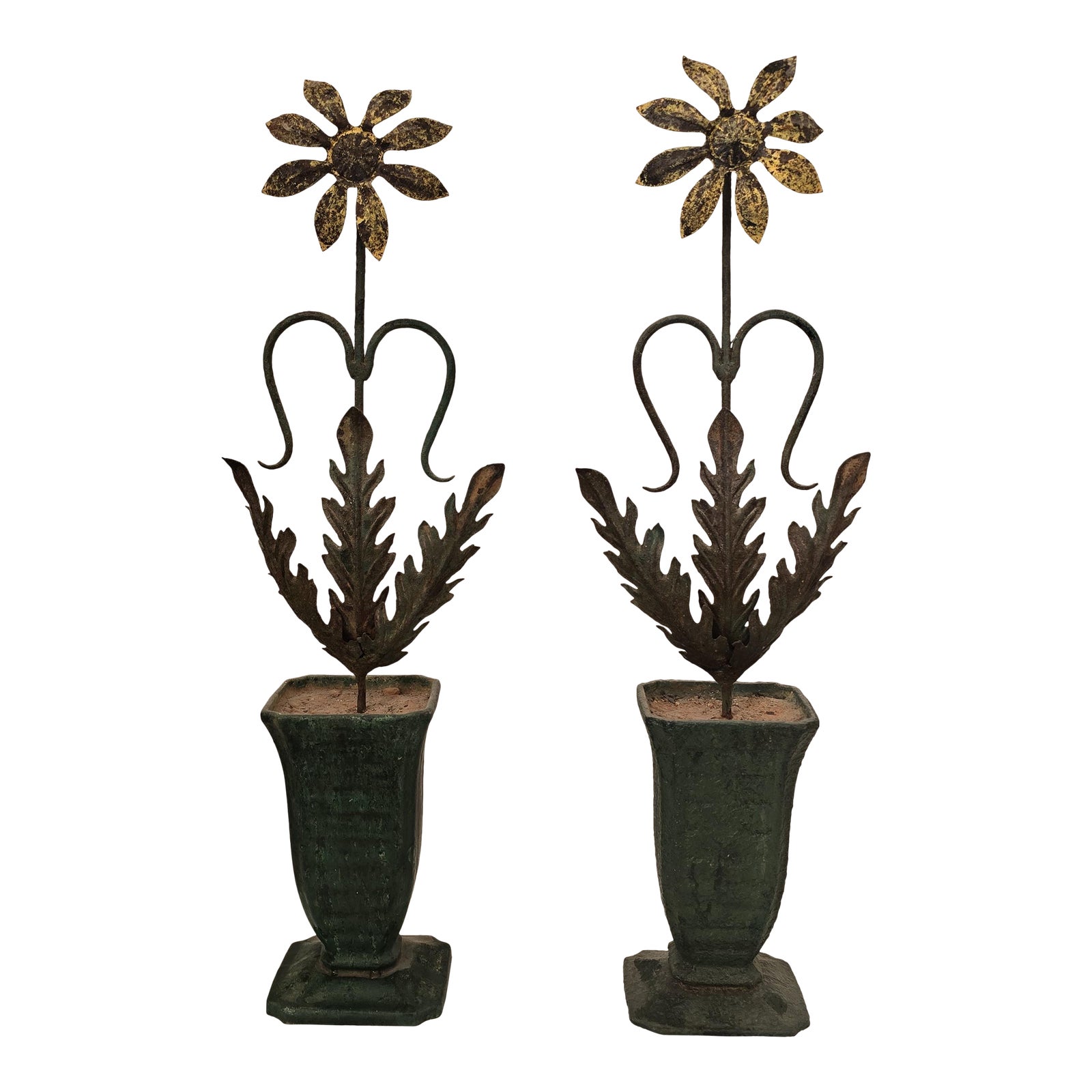 Pair of Antique Verdigris Cast Iron Flower Topiary Sculptures | Chairish
