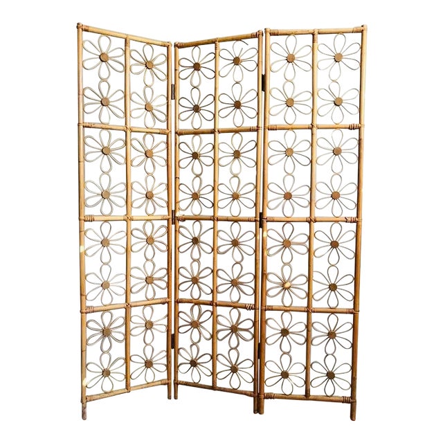 Vintage 1970s Three Panel Rattan Screen With Wicker Daisies | Chairish
