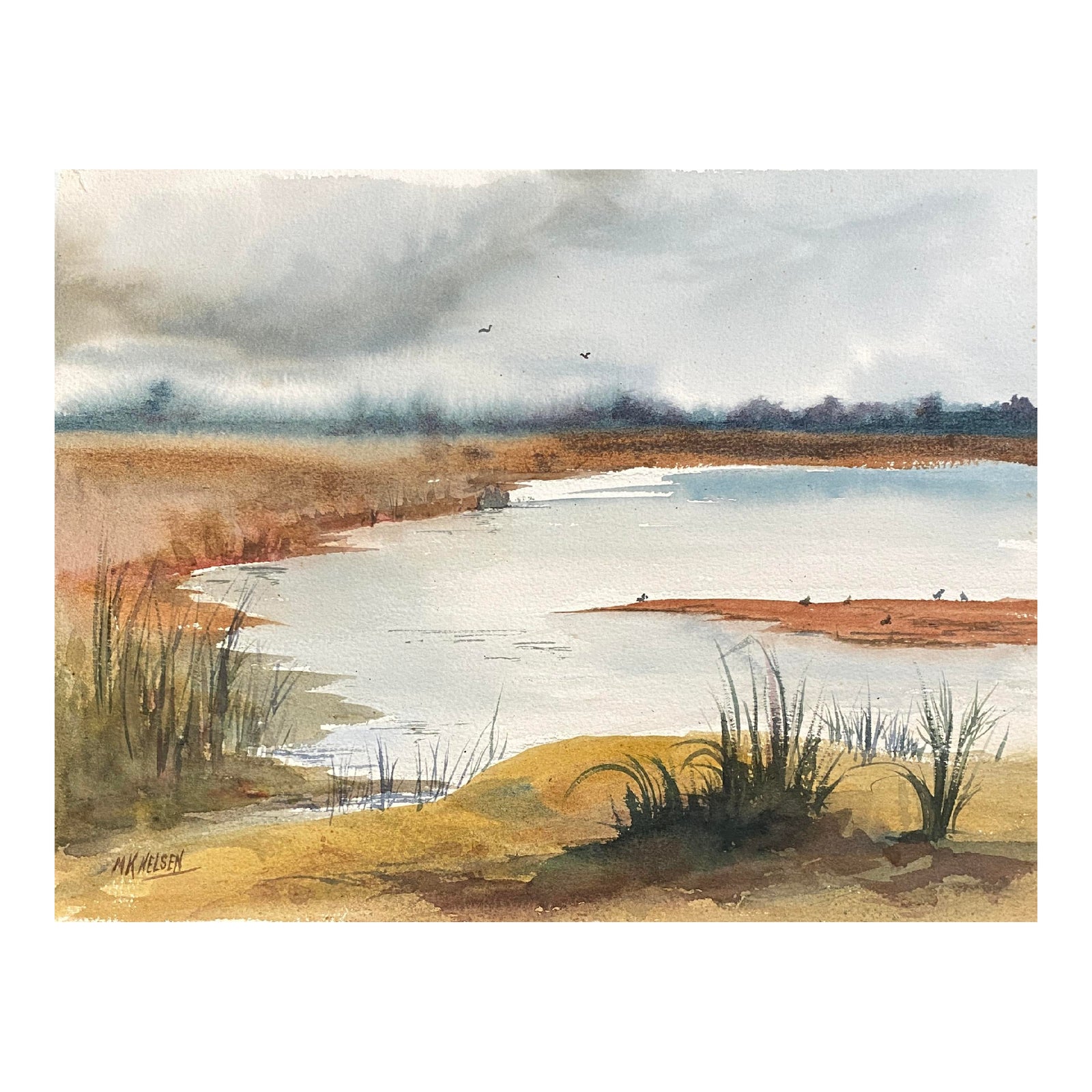 1960s Marsh Watercolor Landscape by Nelsen | Chairish