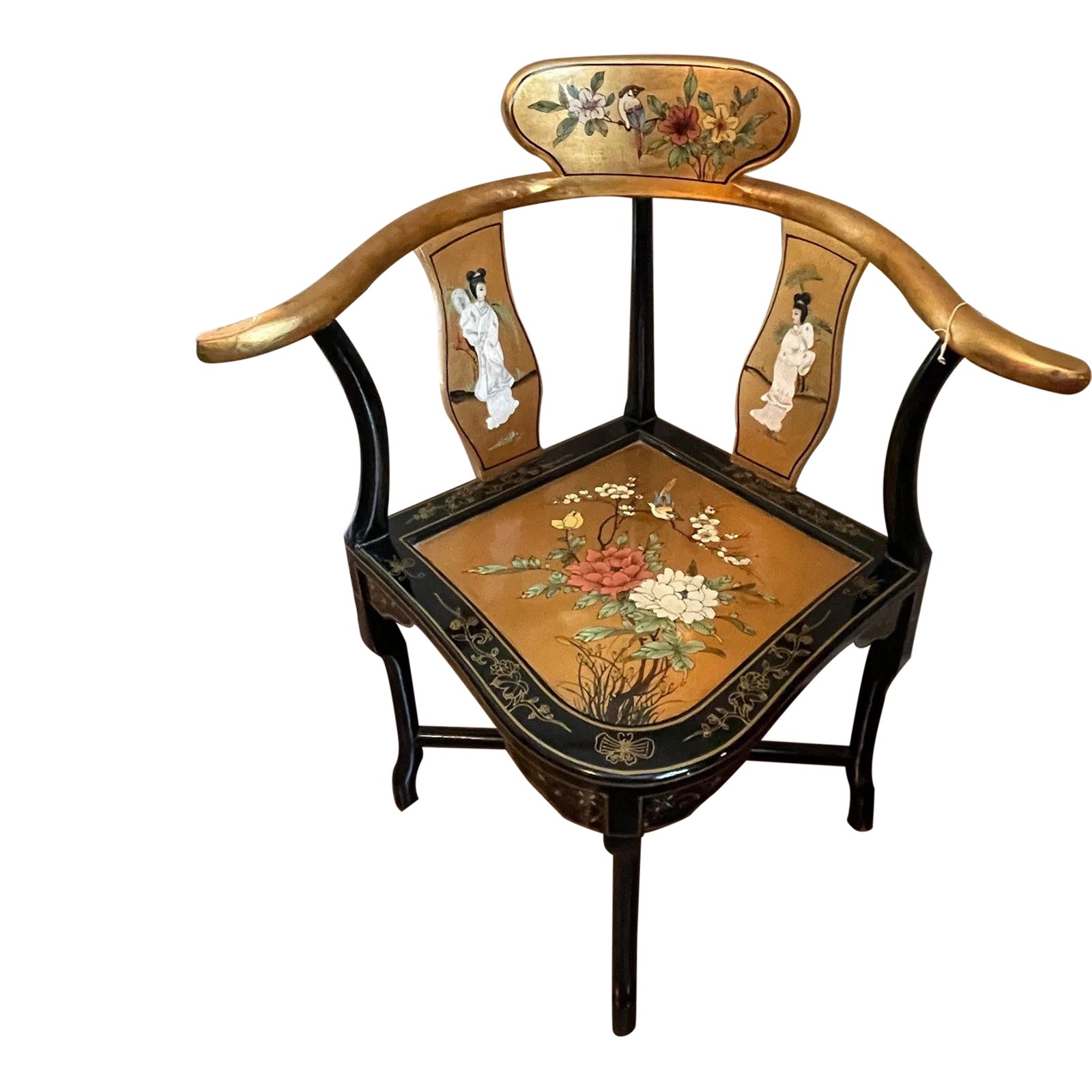 Mid 20th Century Vintage Japanese Gilt Lacquered Hand Painted Corner ...