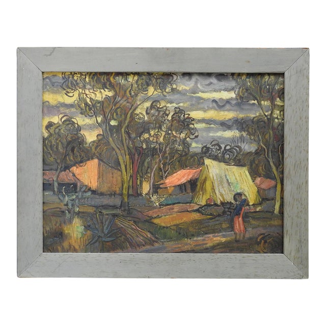 Mid Century Forest Village Painting | Chairish