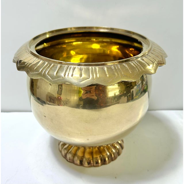 1980s Brass Cachepot With Fluted Pedestal Base & Etched Rim | Chairish