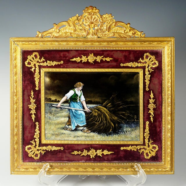 19th Century French Limoges Enamel Portrait Plaque, Farm Scene, Gilt Bronze Ormolu Frame | Chairish