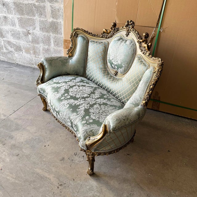 French Rococo Style Sofa Sky Blue Color and Gold Leaf Details | Chairish