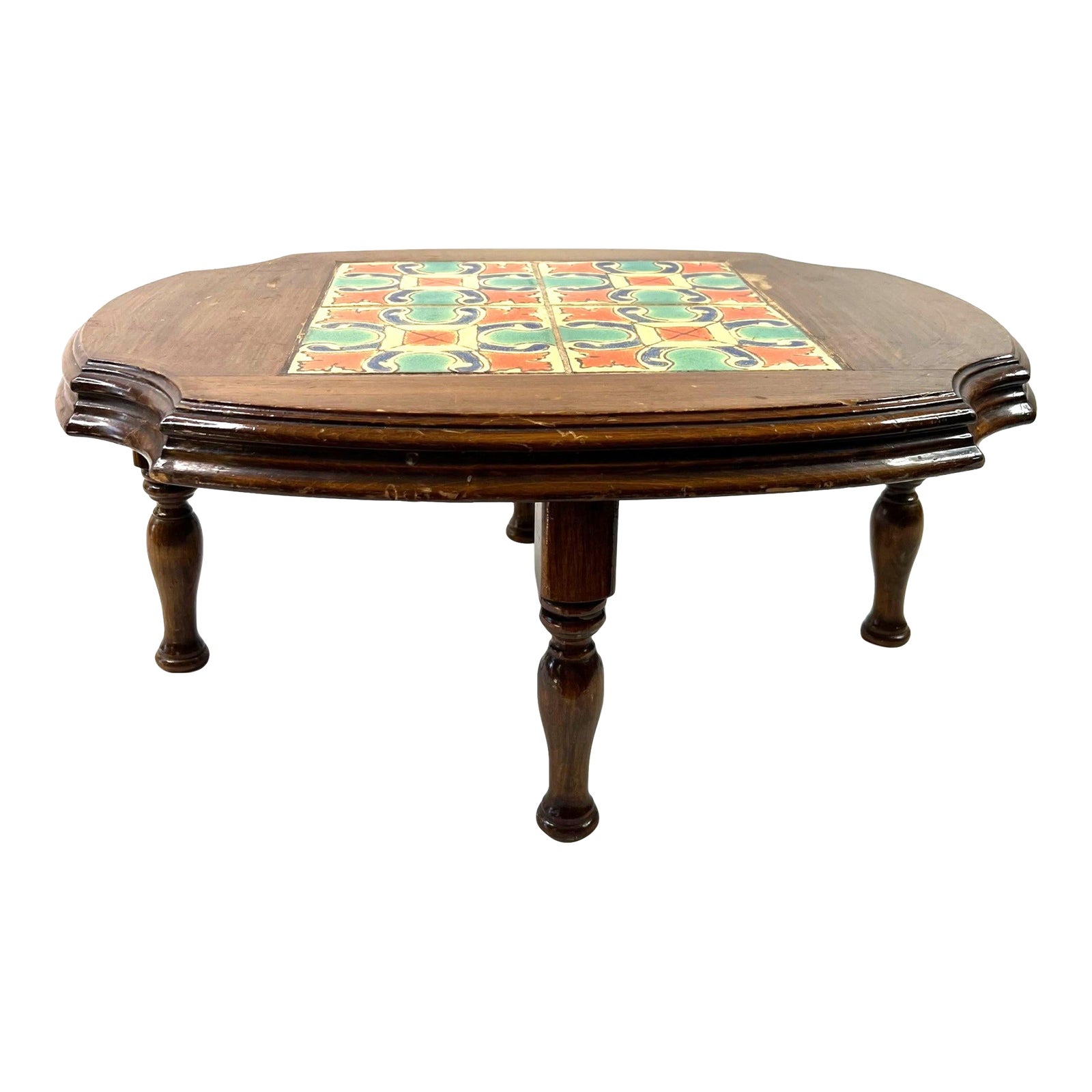 1990s Vintage Inlaid California Tile Short End Table with Turned Legs ...