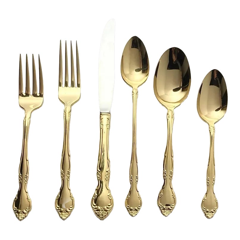 1980s Oneida “Golden Affection” 32-Piece Stainless Flatware Set | Chairish