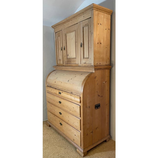 1888 Pine Highboy Storage Hutch With Roll Top Desk Secretary - | Chairish