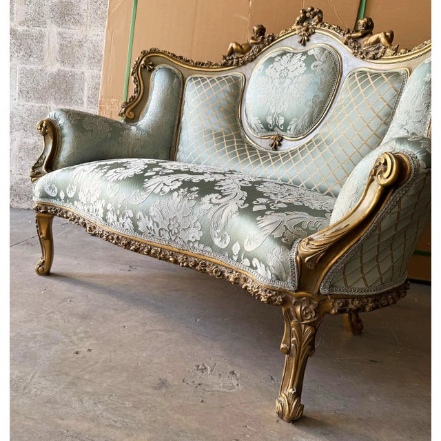 French Rococo Style Sofa Sky Blue Color and Gold Leaf Details | Chairish