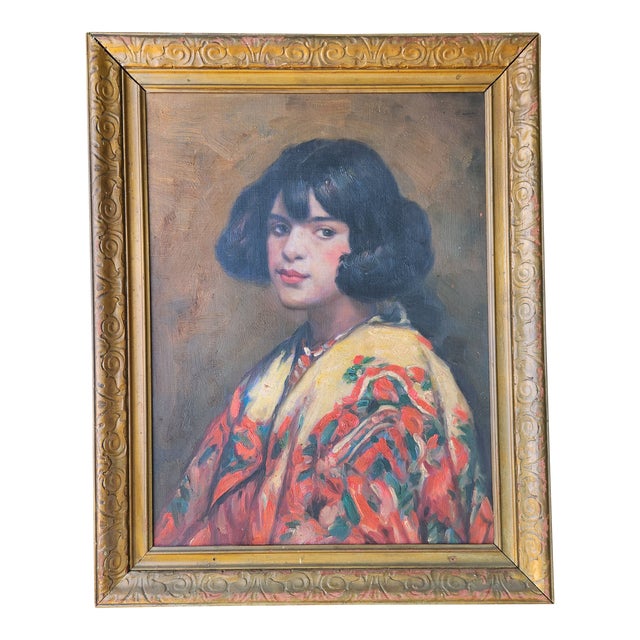 Girl in a Vibrant Robe Oil Portrait Painting, Framed | Chairish