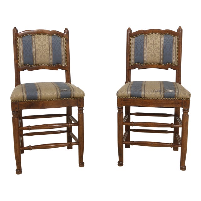 Pair Guy Chaddock Distressed Finish Upholstered Bar Stools | Chairish
