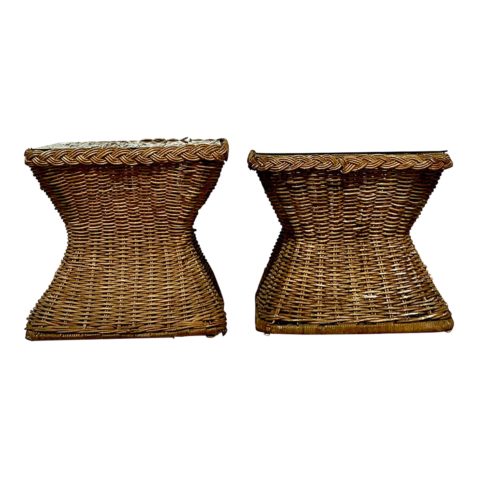 Vintage Coastal Braided Rattan Side Tables - Set of 2 | Chairish