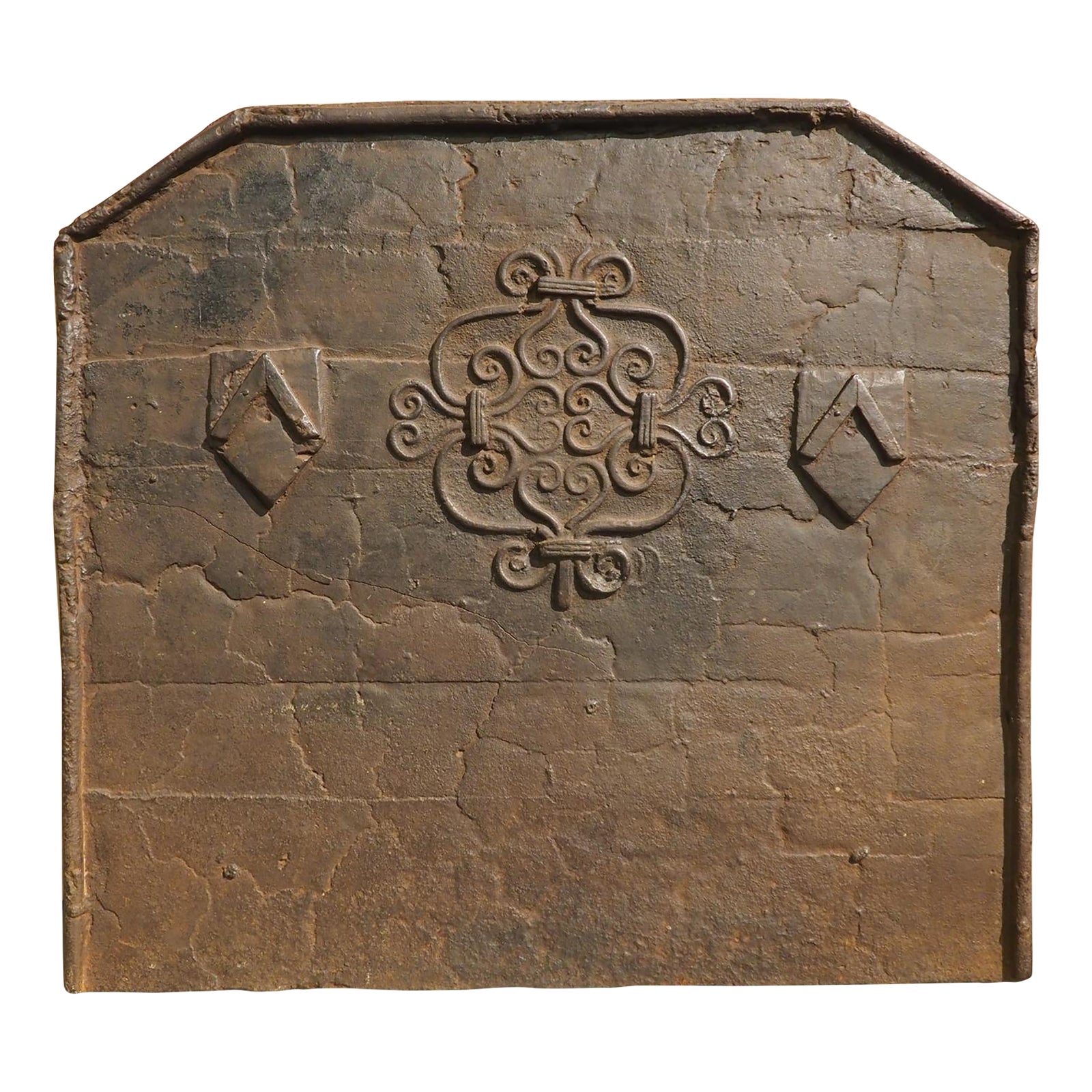17th Century French Cast Iron Fireback With Scrolled Motifs and Double ...