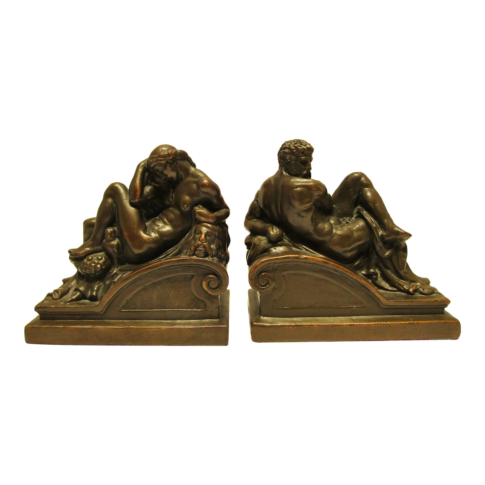 Antique Pair of Armor Bronze Night and Day Bookends After Michelangelo ...