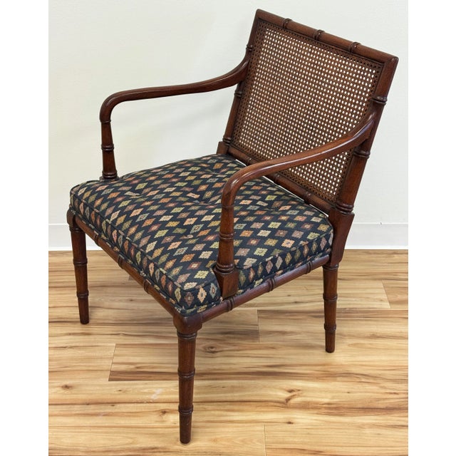 Vintage Faux Bamboo Cane Back Arm Chair W/ Upholstered Seat | Chairish