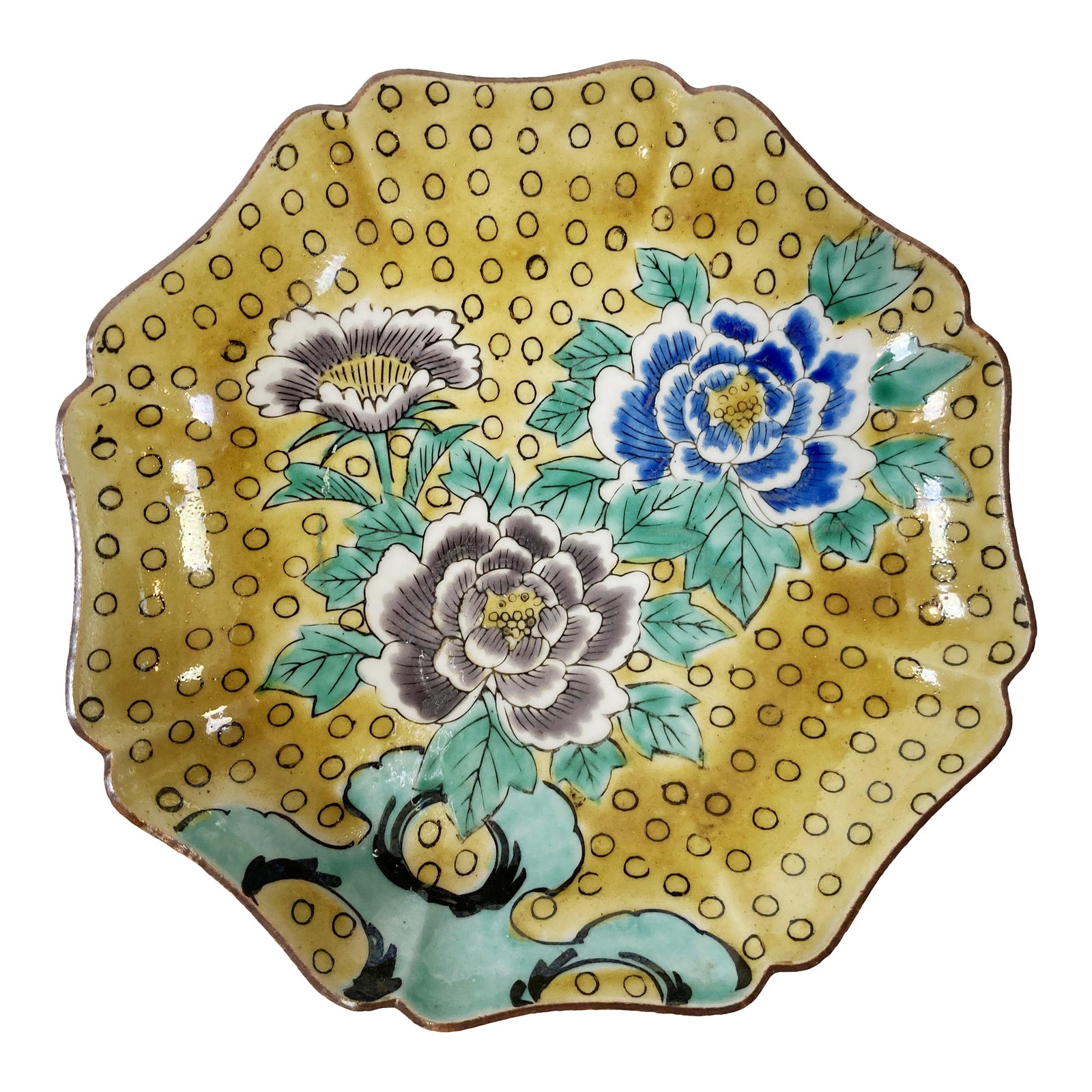 Vintage Colorful Enamel Floral Scalloped Edge Dish | Chairish