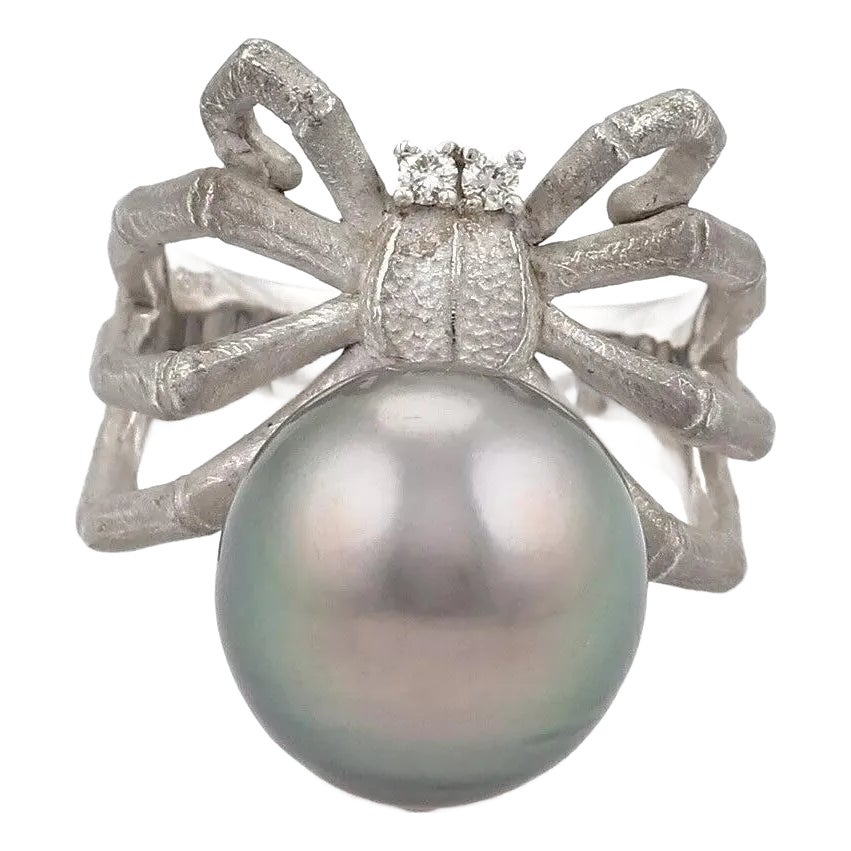 Grey Pearl & Diamond 18k White Gold Spider Ring, Size 6.5 | Chairish