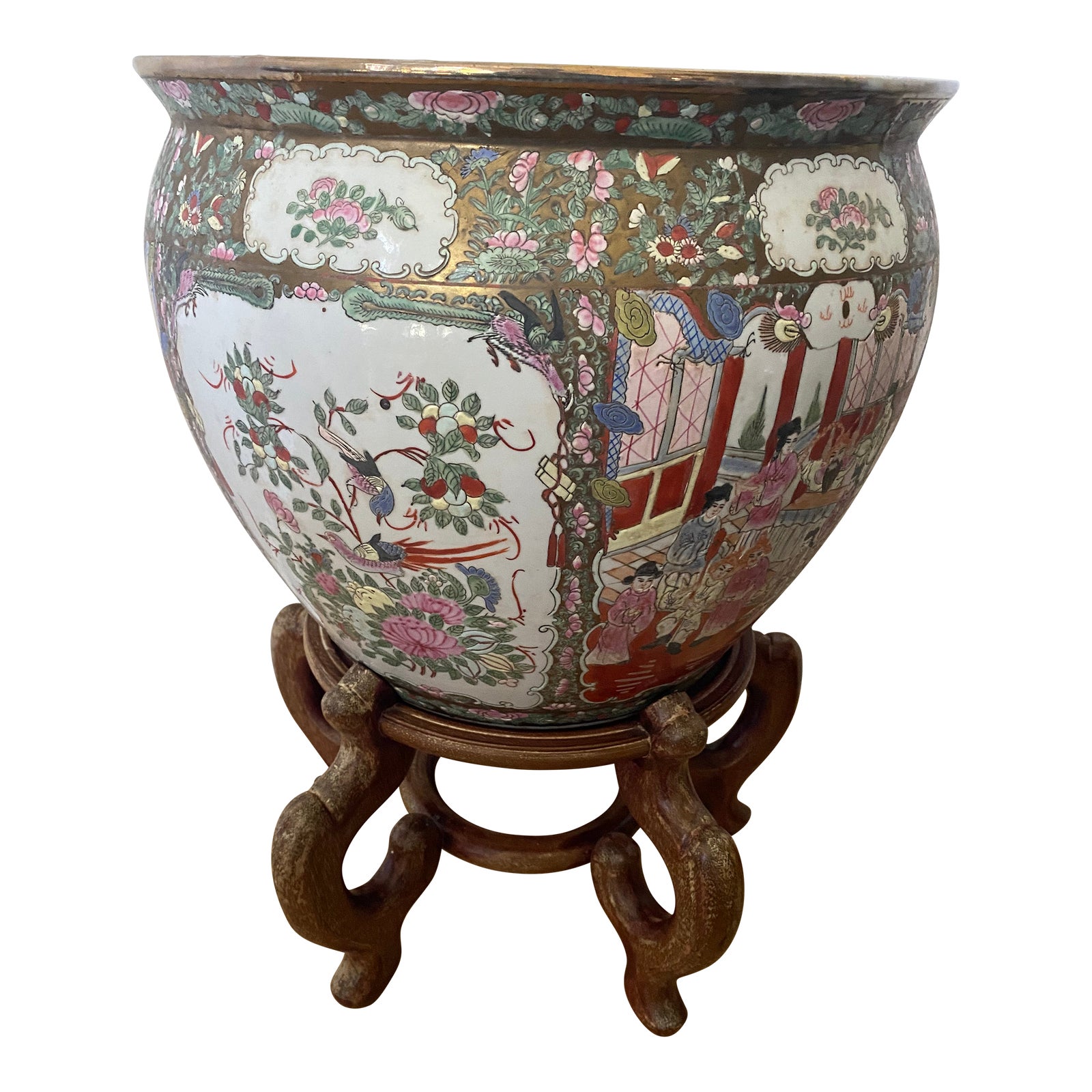 Large Chinese Fishbowl Jardinierre With Carved Wood Stand | Chairish