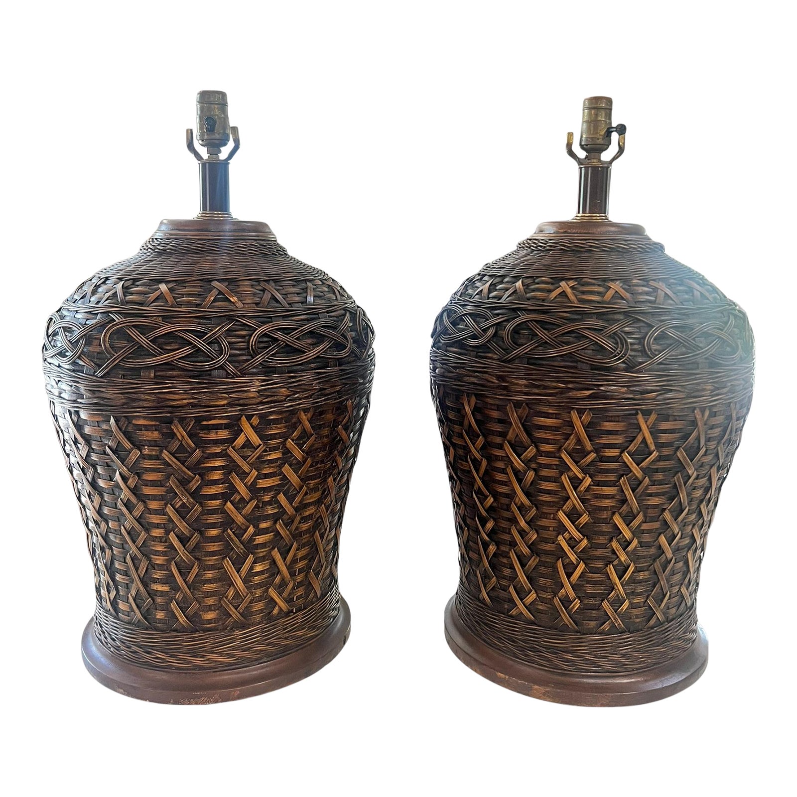 Pair of Vintage Oversized Colossal Ginger Jar Shape Basket Weave Rattan ...