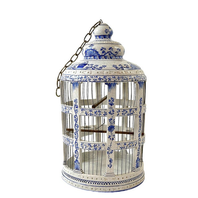 60's Italian Delft Faience Blue & White Bird Cage - Meiselman Imports ...
