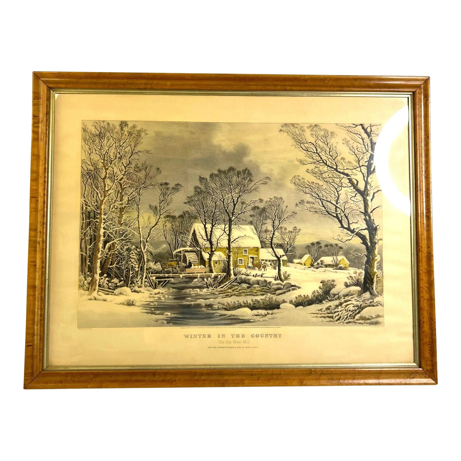 Currier & Ives Hand Colored Lithograph Winter in Country Burl Wood ...