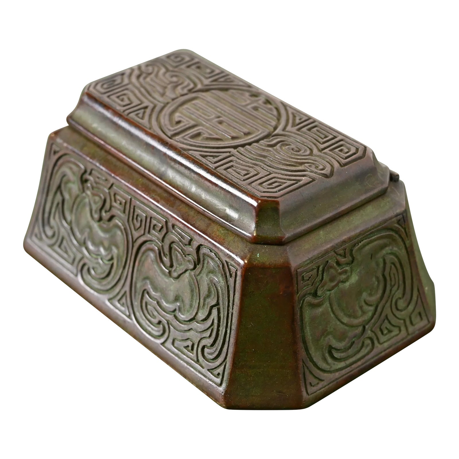 Tiffany Studios New York Chinese Pattern Bronze Stamp Box | Chairish