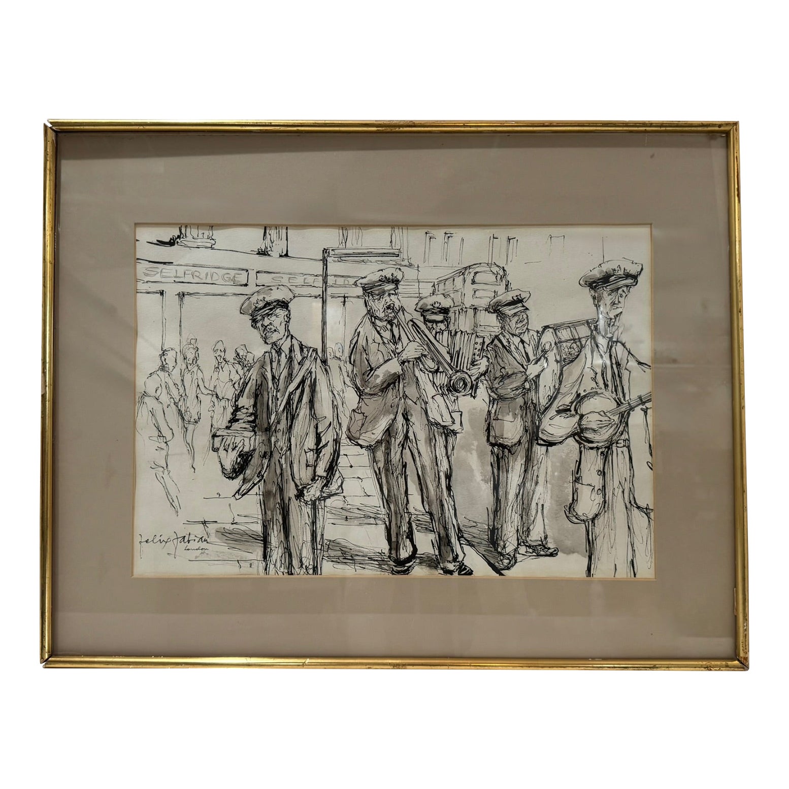 Felix Fabian “Street Musicians, London” Original Ink and Wash Drawing c ...