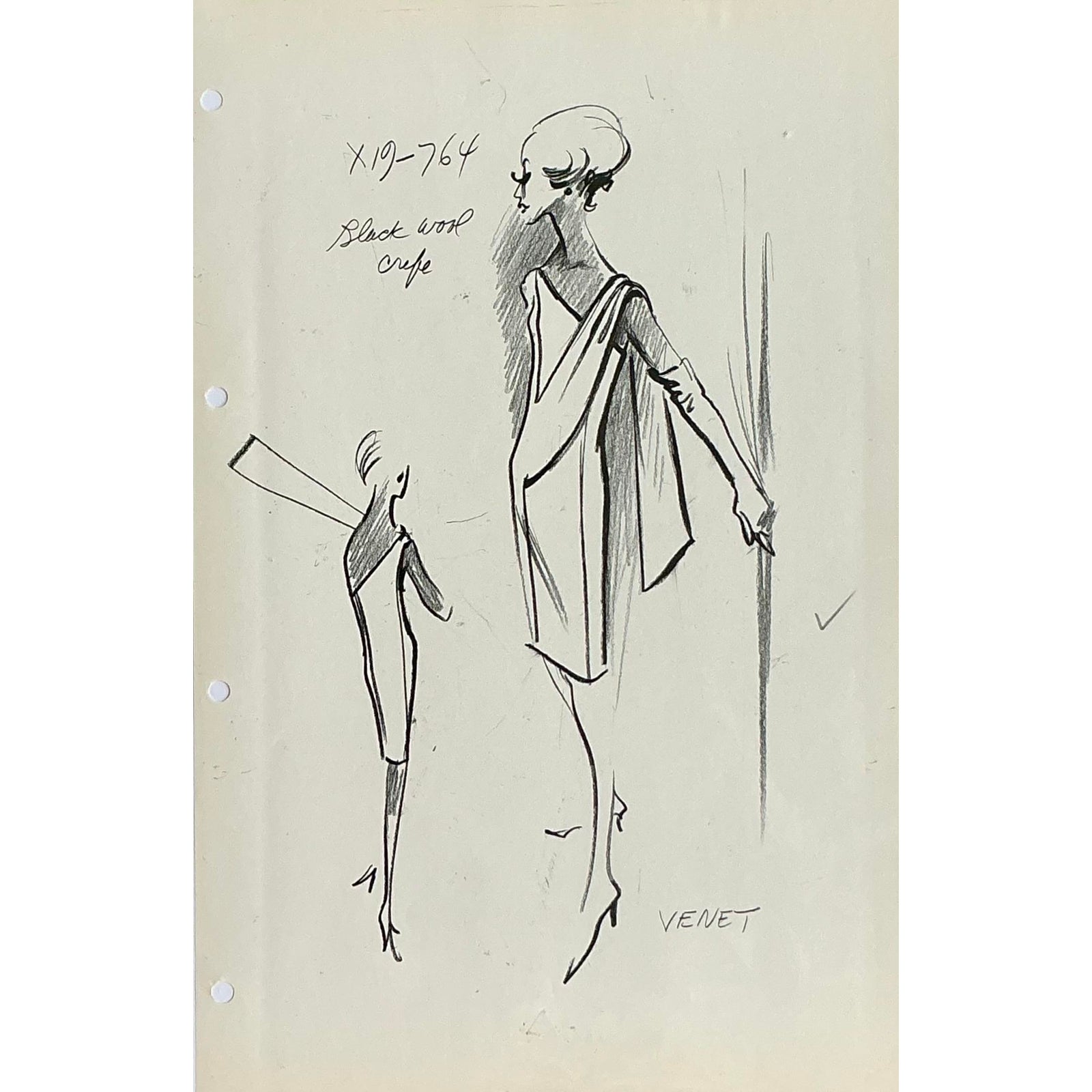 Vintage MCM Original Phillipe Venet Fashion Sketch on Paper | Chairish