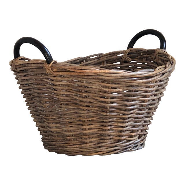 Vintage Rustic Style Wood Handled Basket | Chairish