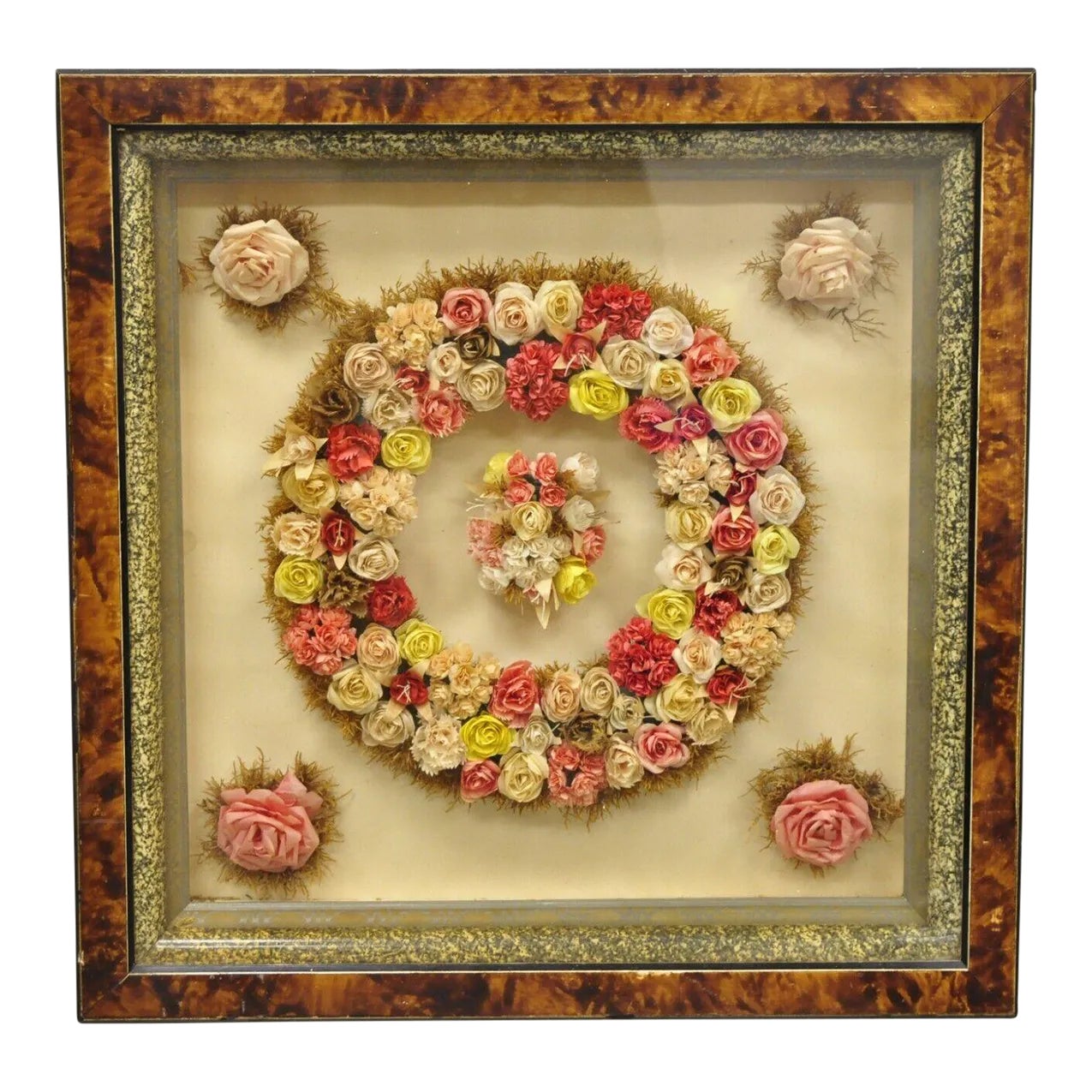 Antique Victorian Paper Mache Flower Mourning Wreath Shadow Box Frame ...