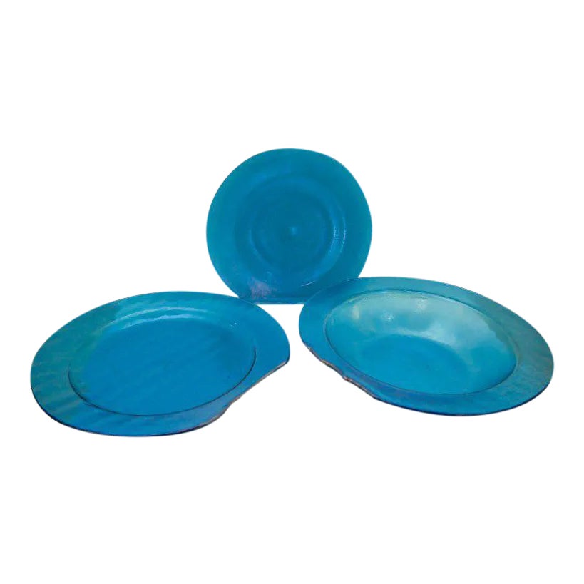 Vintage 1991 Artisan Signed Blue Glass Dinnerware - Set of 3 | Chairish