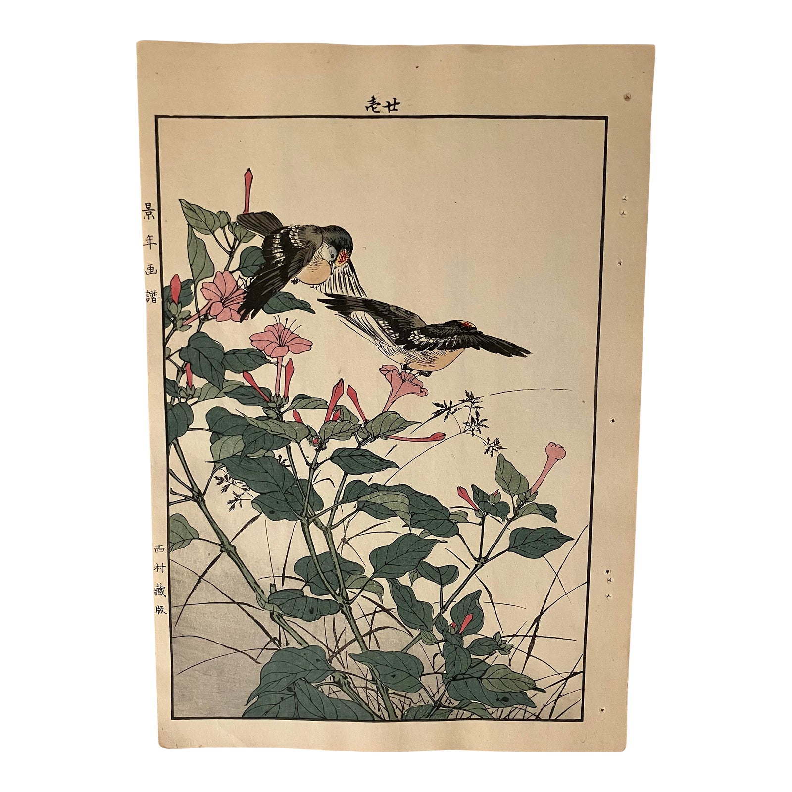 19th Century Japanese Woodblock by Imao Keinen Goldrest Bird With Four ...