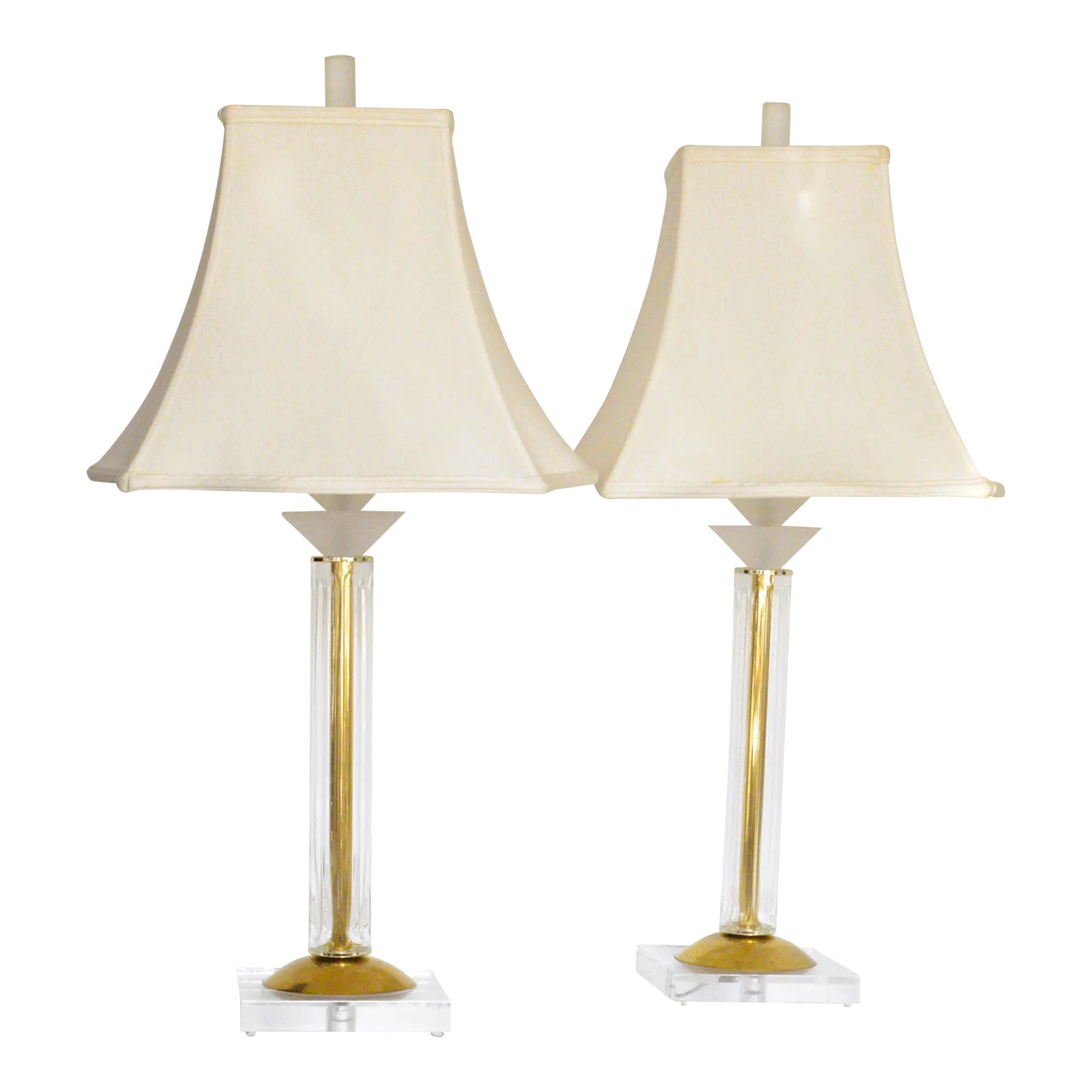 1990s Bauer Lamp Co Fluted Glass Brass Lucite Acrylic Table Lamps - a ...
